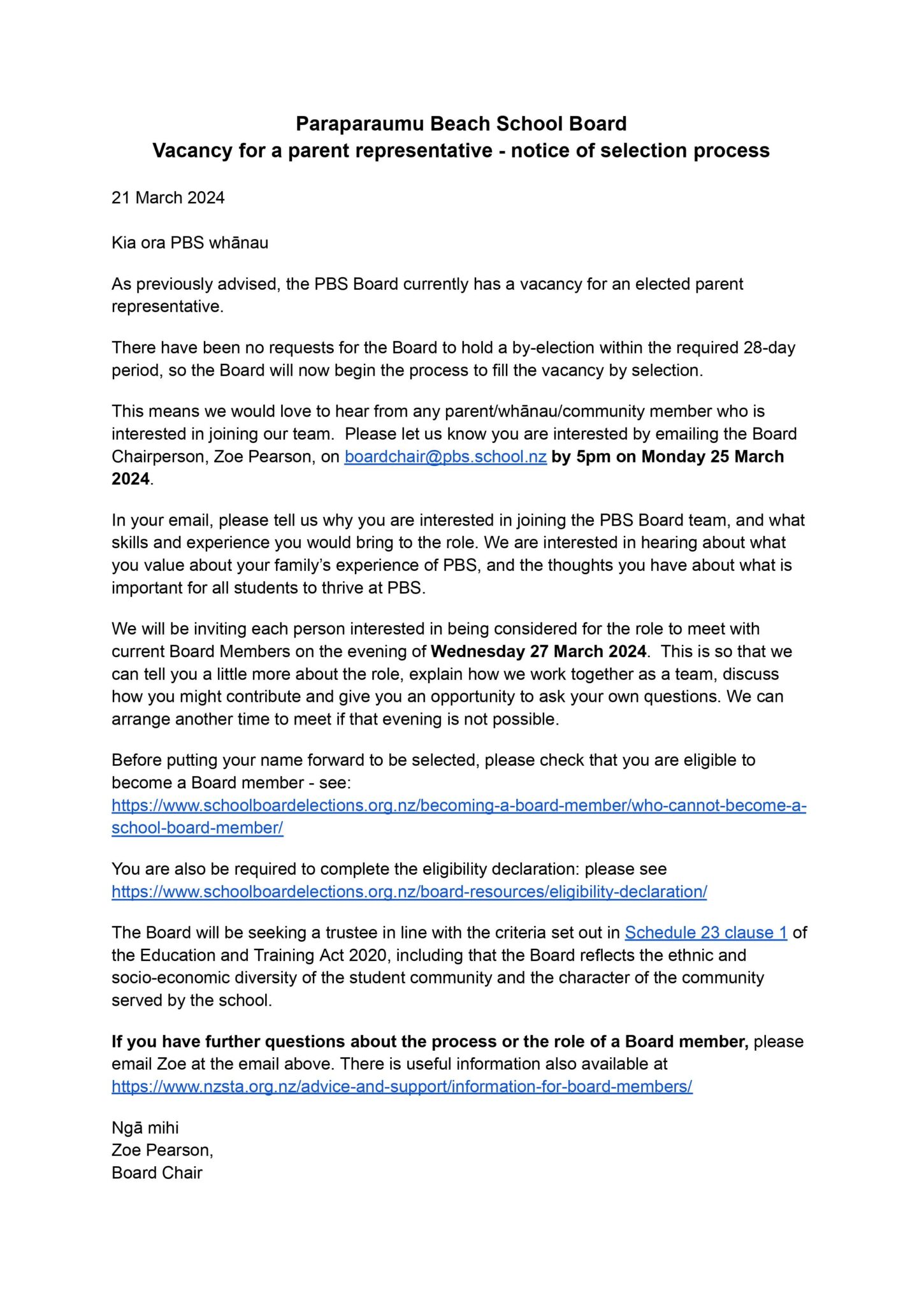 Vacancy for Parent Rep – Notice of Selection Process – PBS